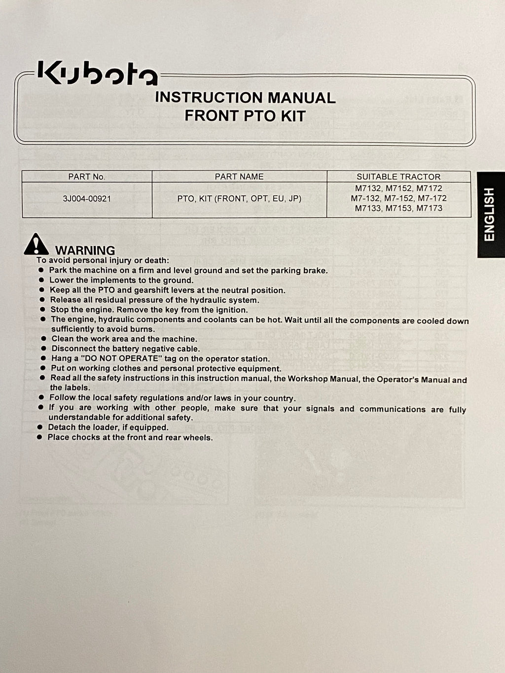 Kubota Front PTO Kit Kubota M7132 / M7133 / M7152 / M7153 / M7172 /M71 ...